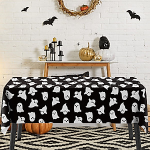 JarThenaAMCS 4Pcs Halloween Plastic Tablecloths White Black Ghost Disposable Table Cover Spooky Rectangle Table Cloth for Halloween Party Table Decor, 54 x 108 Inch