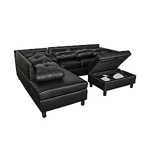 OPTOUGH Sectional Sofa-3 Piece L-Shape Living Room Furniture Faux Leather Couch w/Left Chaise Lounge,Storage Ottoman and Pillows Black