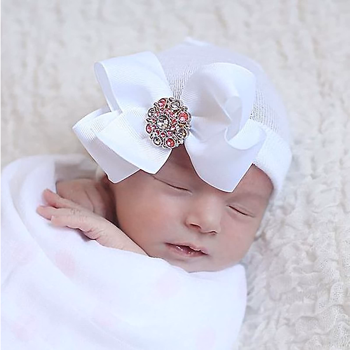 DRESHOW BQUBO Newborn Hospital Hat Infant Baby Hat Cap with Big Bow Soft Cute Knot Nursery Beanie