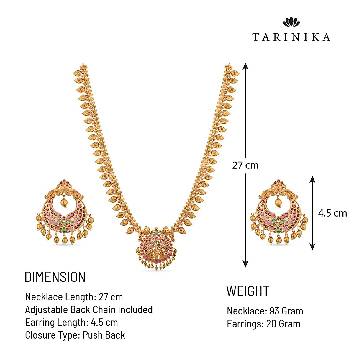 TARINIKA Antique Gold Plated Gita Long Necklace Set with Peacock Design - Indian Jewelry Sets for Women | Perfect for Ethnic Occasions | Traditional South Indian Necklace | 1 Year Warranty*