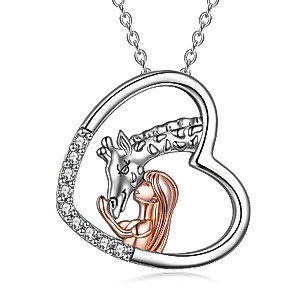 POPKIMI Sterling Silver Giraffe Necklace with Women Giraffe Charm Heart Pendant Jewelry Giraffe Gifts for Women Daughter