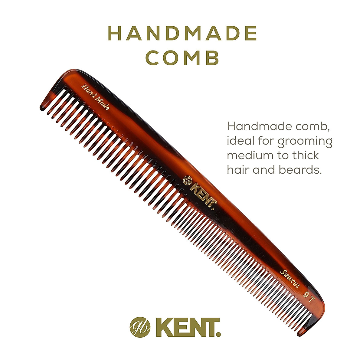 Kent 9T Tortoiseshell Fine Tooth and Wide Tooth Comb Detangler Hair Combs - Large Handmade and Saw-Cut Dressing Comb - Wet Hair Comb for Women and Durable Grooming Comb for Men Made in England