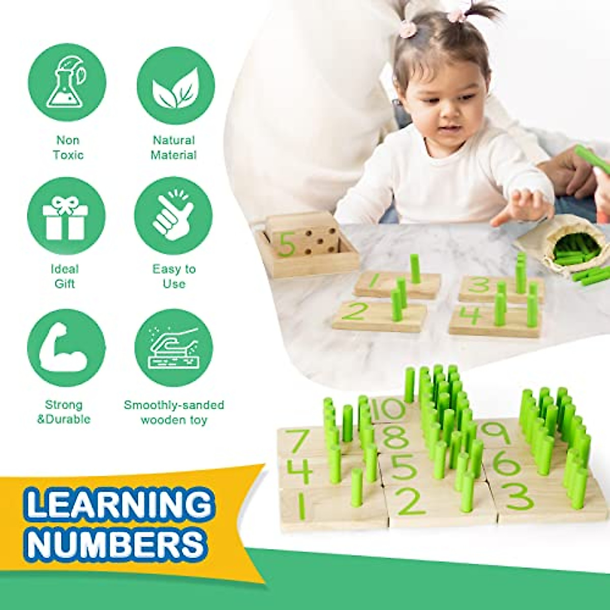 DINORUN Counting Peg Board Math Manipulatives Materials Montessori Toys for 2 Year Old - Home Schooling Materials Pre-K Montessori Toys for 3+ Year Old Montessori Math and Numbers for Kids