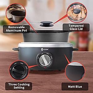 ICOOK USC-35-OP001BK 3.5 Quart Slow Cooker,Aluminium Sear/Sauté Stew Pot Stovetop safe,Dishwasher Safe,Glass Lid,Adjustable Temp,Food Warmer,Black