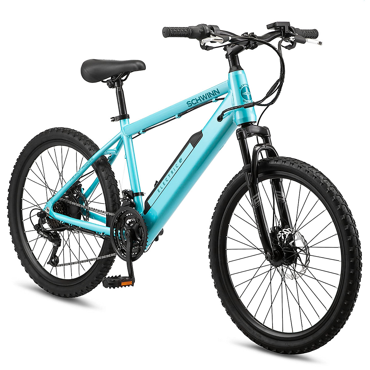 Schwinn Healy Ridge Youth Electric Mountain Bike, 18-Speed Drivetrain, 14-Inch Alloy Frame, 24-Inch Wheels, Mint