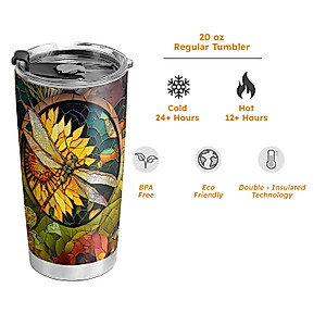 ORCAE 20oz Yellow Stained Glass Sunflower Dragonfly Tumbler, Gifts for Dragonfly Lovers, Coffee Thermos for Women, Stainless Steel Double Wall Vacuum Insulated Coffee Mug, Travel Cup with Lid - F
