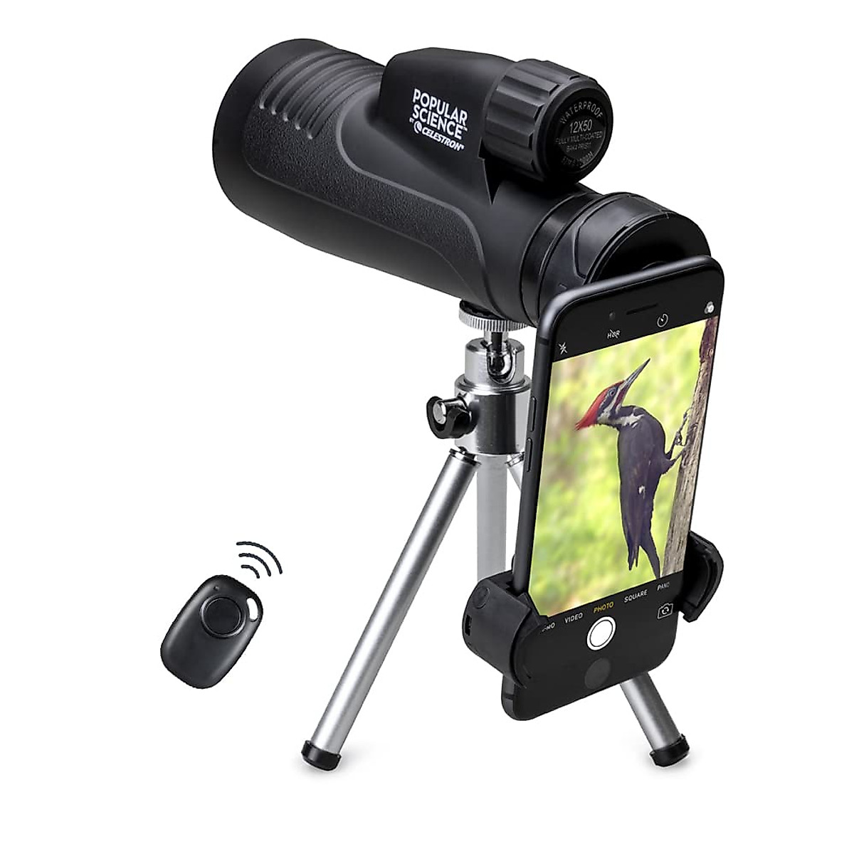 Popular Science by Celestron Outland X 12x50mm Monocular with Tripod, Smartphone Adapter, and Bluetooth remote