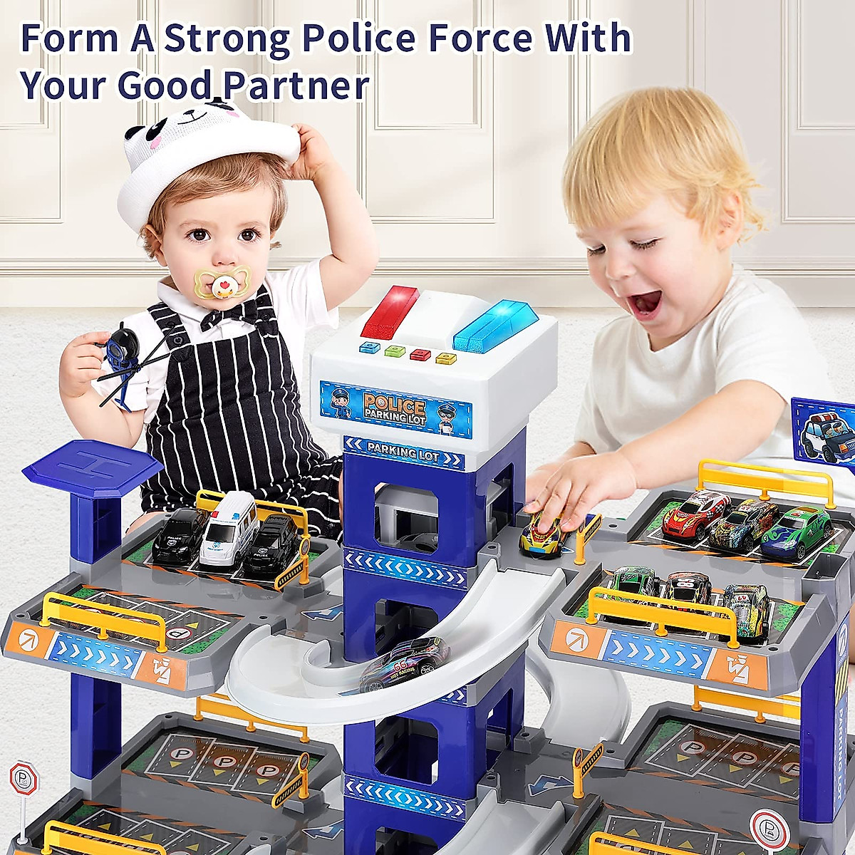 Car Garage Playset for 1:64 Police Cars, Racing Cars & Helicopter, Car Parking Playsets Toy with Elevator Parking Lot for Toddlers 1-3, Car Track for Kids Build Up to 5 Levels with 24 Parking Spaces