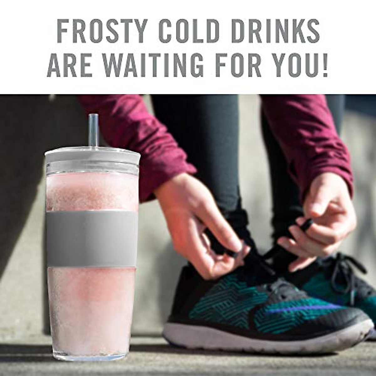 HOST Straw and Lid Plastic Double Wall Insulated Freezable Drink Chilling Tumbler with Freezing Gel Glasses for Red and White Wine, 16 oz, Grey