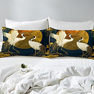 Japanese Crane Duvet Cover Set Queen Size,Gold Sun Cloud Stripes Bedding Set 3Pcs,Retro Ukiyoe Leaf Print Comforter Cover for Adult Women Men Room Decor,Wild Animals Quilt Cover,2 Pillowcases