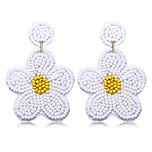 ZITULRY Beaded Flower Earrings for Women Statement Colorful Floral Beaded Drop Dangle Earrings Bohemia Handmade Tropical Fancy Flower Earrings for Girls Sister Mom Gifts Jewelry Accessories White