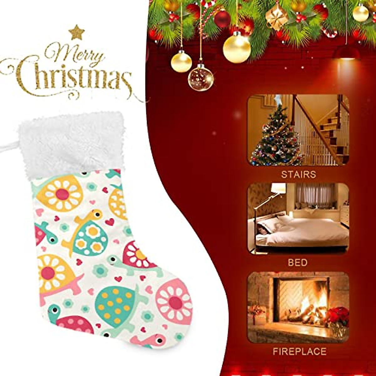 Kigai Christmas Stockings Cute Floral Sea Turtles Large Candy Stockings Stuffers Kids Cute Xmas Sock Decorations 1PC for Home Holiday Party 12" x18"