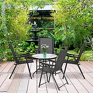 Safstar Folding Sling Chairs, Patio Furniture Chair Set with Armrest for Lawn Garden (Dark Gray 4PCS)