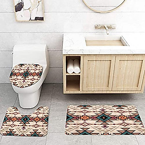 4 Pcs Shower Curtain Sets with Rugs Pink Retro Color Tribal Navajo Aztec Fancy Geometric Ethnic Hipster Weave Summer Durable Shower Curtain Sets with 12 Hooks Shower Curtain for Bathroom Set