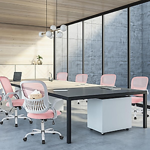 Sweetcrispy Office Computer Desk Chair, Ergonomic Mid-Back Mesh Rolling Work Swivel Task Chairs with Wheels, Comfortable Lumbar Support, Comfy Flip-up Arms for Home, Bedroom, Study, Student, Pink