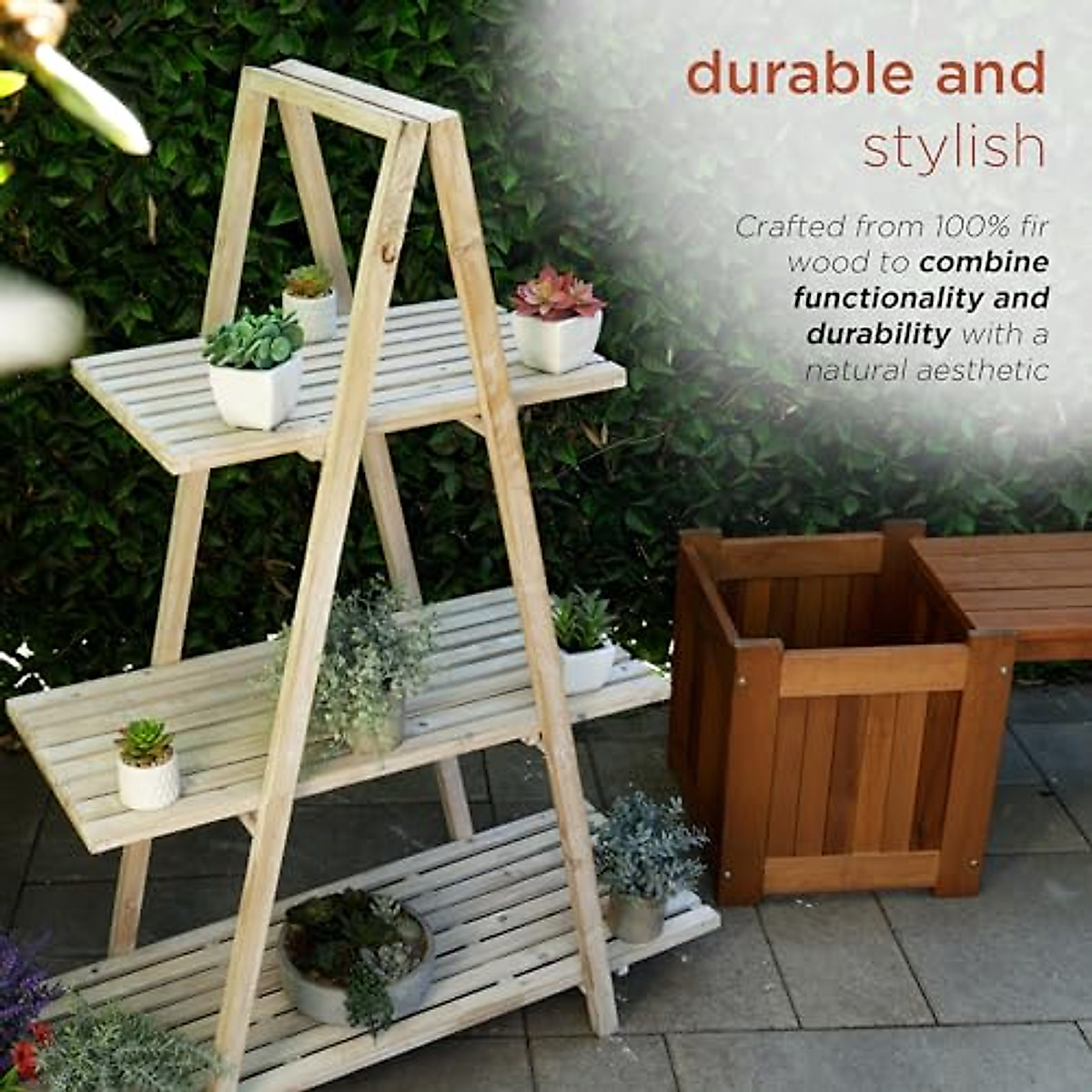 Alpine Corporation MBB168 Wood 3-Tier Triangular Storage Rack for Books, Plants, Decor, Rustic Display Rack with 3 Shelves