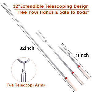 Marshmallow Roasting Sticks, Smores Skewers for Fire Pit, with Wooden Handle, Stainless Steel Telescoping Roasting Sticks, 32” Extendable Smores Sticks for Fire Pit, Campfire and Sausage BBQ Set of 6