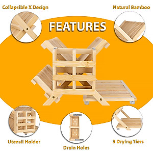 JOEY'Z Bamboo Dish Rack, Collapsible Dish Drying Rack for Kitchen Counter 3 Tier Kitchen Drying Rack (Dishrack with Utensil Holder)