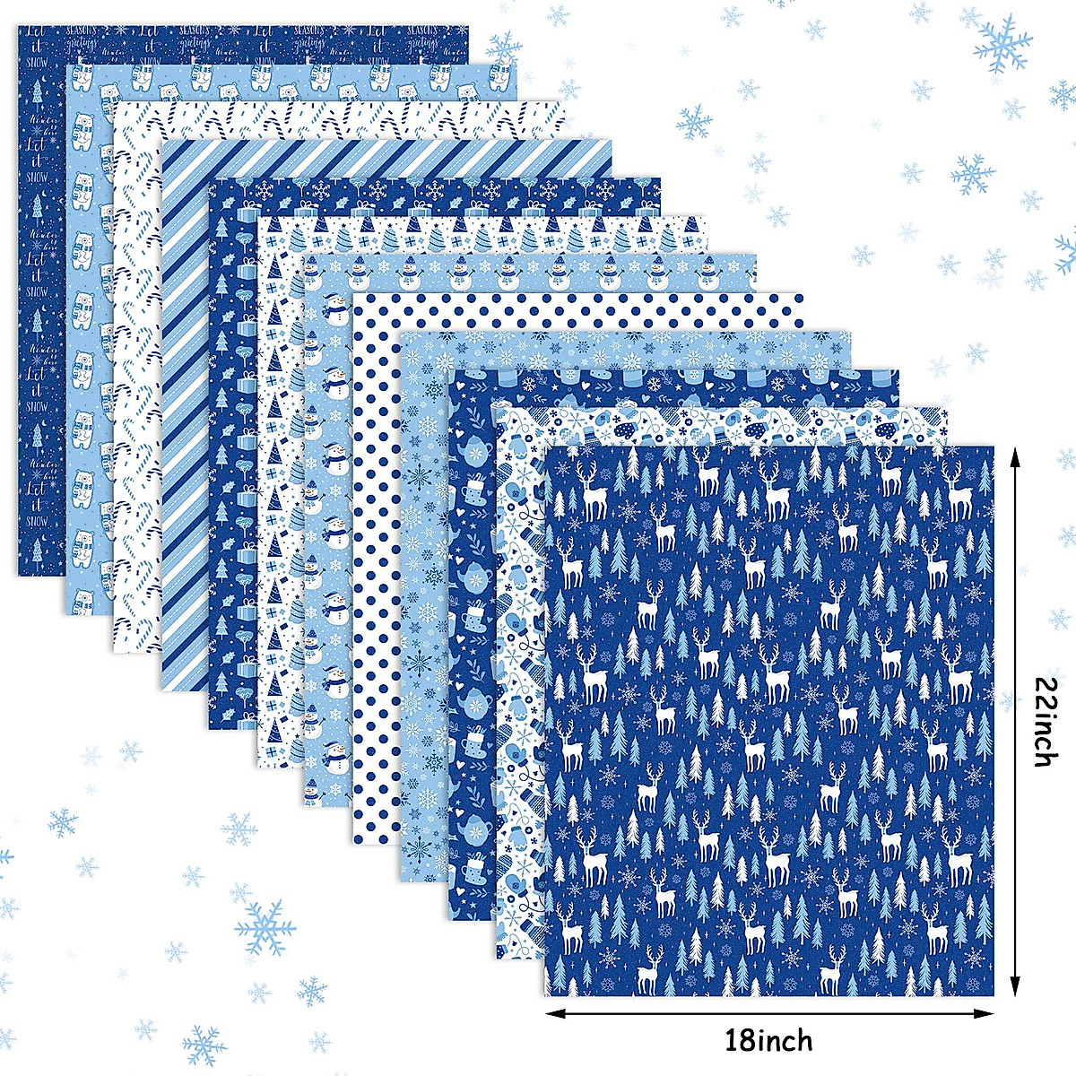 Whaline 12Pcs 18" x 22" Christmas Fat Quarter Fabric Bundles Winter Blue White Snowflake Reindeer Printed Quilting Patchwork Cotton Craft Fabric Pre-Cut Square Sheets for DIY Patchwork Sewing Crafting