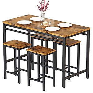 AWQM 5 Piece Bar Table Set, Modern Counter Height Dining Table and Chairs Set for 4, Wood Kitchen Table and 4 Bar Stools for Small Spaces, Apartment, Pub, Dining Room (Rustic Brown)