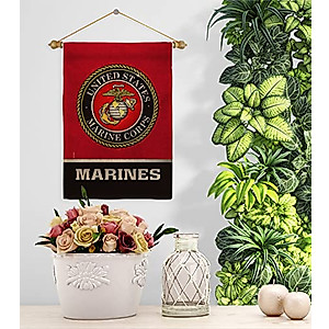 US MILITARY United State Burlap Garden Flag Set Wood Dowel Armed Forces Marine Corps USMC Semper Fi American Military Veteran Retire Official House Banner Small Yard Gift Double-Sided, Made in USA