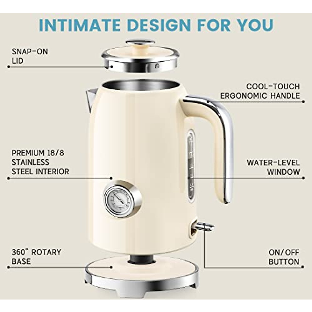 SUSTEAS Electric Kettle - 57oz Hot Tea Kettle Water Boiler with Thermometer, 1500W Fast Heating Stainless Steel Tea Pot, Cordless with LED Indicator, Auto Shut-Off & Boil Dry Protection, Beige