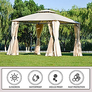 Freestanding Shelter Quality Double Tiered Grill Canopy, Outdoor BBQ Gazebo Tent with UV Protection, Beige 127" W