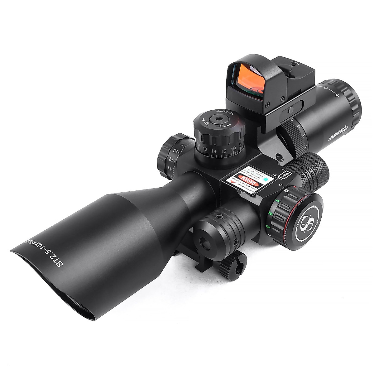 Sniper ST2.5-10x40 Rifle Scope Combo with Green Laser R/G Illuminated Reticle Red Dot Sight