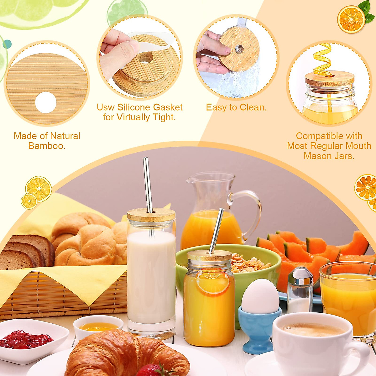 70mm Bamboo Jar Lids with Straw Hole for Glass Cups Reusable Wooden Mason Jar Lids Bulk for Beer Can Cups, 2.76 Inch Canning Lids with Silicone Ring for Regular Mouth Drinking Jars(20 Pieces)