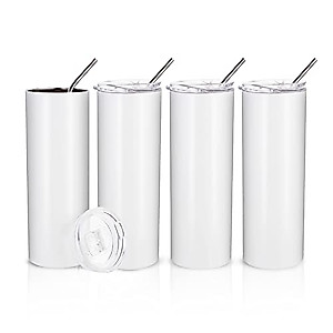 PYD Life Sublimation Blanks Skinny Tumbler White 20 OZ Straight Stainless Steel Tumbler with Metal Straw for Mug Tumbler Heat Press Machine Sublimation Printing 4 Pack