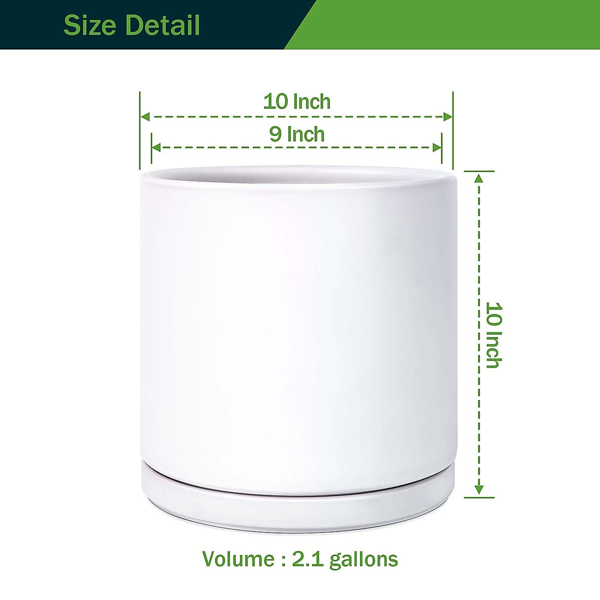 Kazeila Plant Pots Ceramic Planter for Indoor Outdoor Plants Flowers 10 Inch Matte White Large Cylinder Flower Pot with Saucer and Drainage Hole,Glazed Finish Interior and Exterior