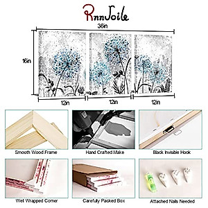 RnnJoile Blue Dandelion Wall Art Set 3 Pieces Grey Abstract Flower Canvas Artwork 12"x16" for Each