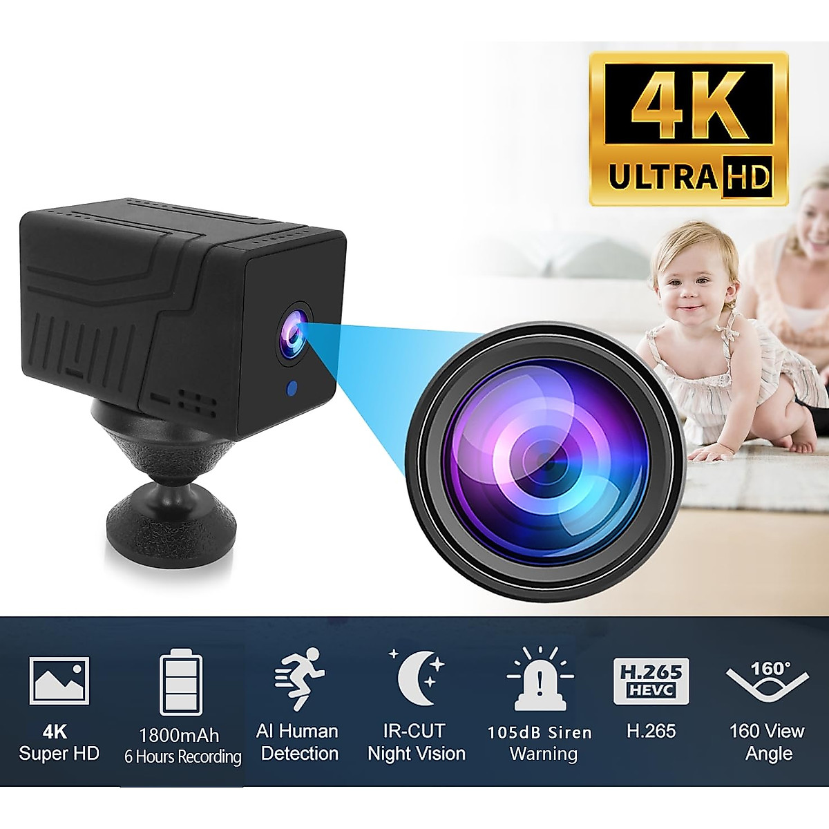 4K Wireless Wifi Camera,Upgrade 4K,1800mAh Battery Powered,WiFi Wireless Nanny Cam Home Security Camera Tiny Office Secret Surveillance Cam with 100 Days Standby AI Human Detection Auto Night Vision
