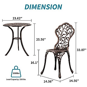 Verano Garden 3 Piece Outdoor Bistro Set Rust-Resistant Cast Aluminum Patio Bistro Set Antique Finish, Weather Resistant Patio Table and Chairs,Outdoor/Indoor Use,Bronze
