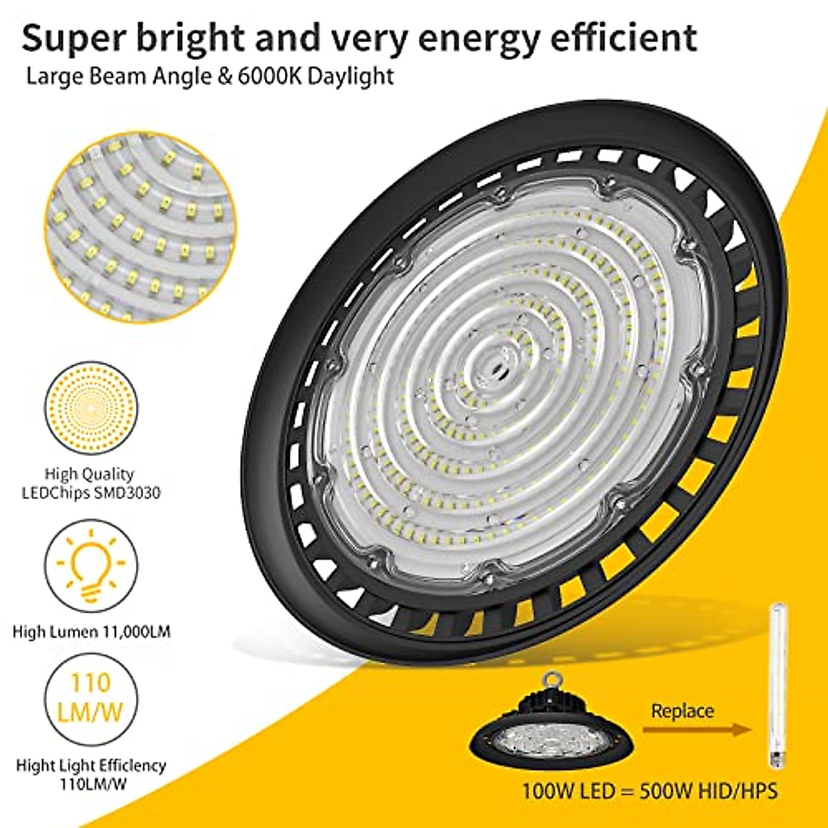UFOUCUSLLUM UFO LED High Bay Light 100W, 11000lm 6000K Daylight IP65 Waterproof, High Bay LED Lights LED Warehouse Lights for Shop Garage Light Factory Barn LED Light Fixture 400W HID/HPS No Plug
