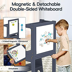 Kitchen Toddler Tower, Toddler Step Stool Learning Standing Tower with Whiteboard 2 in 1 Convertible Table and Chair, Removable Safety Rail, Widened Platforms for Kitchen Counter Bathroom Sink