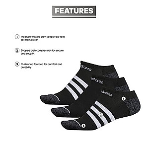 adidas Men's 3-Stripe No Show Socks (3-Pair), Black/White/Onix Grey, Large