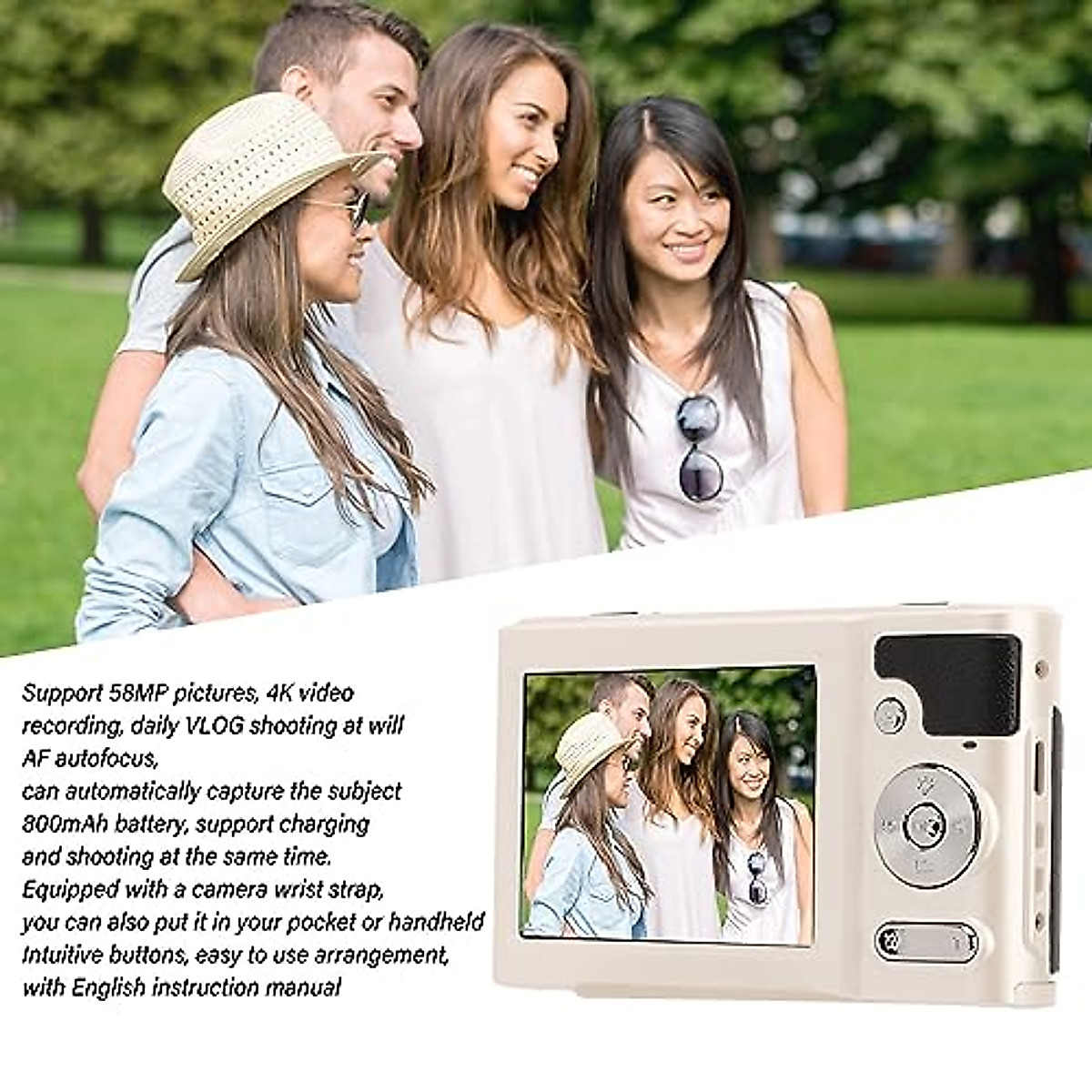 Digital Camera, 4K 58MP Vlogging Camera with 2.7 Inch TFT Screen, Timing Shooting, 16X Zoom Auto Focus Compact Digital Camera for Teens Students Beginners (White)