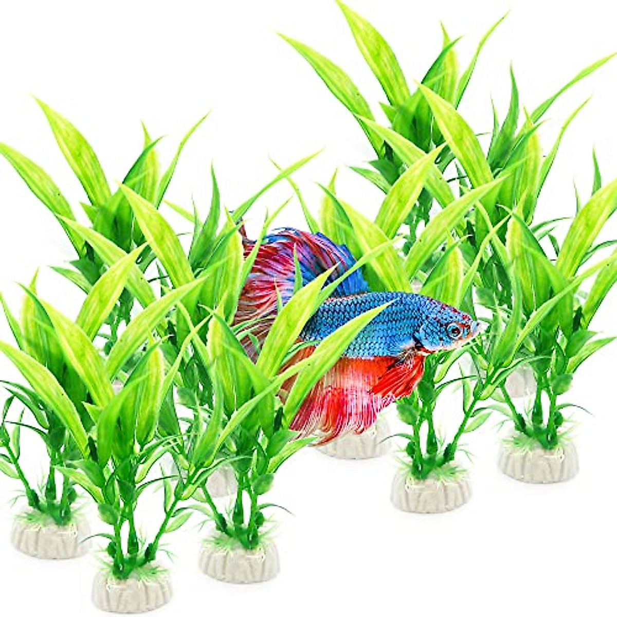 SunGrow Artificial Aquarium Plants for Aquatic Pets, Realistic Green Plants with Ceramic Base, Fish Tank Decorations & Home Decor, 10Pcs/Pack