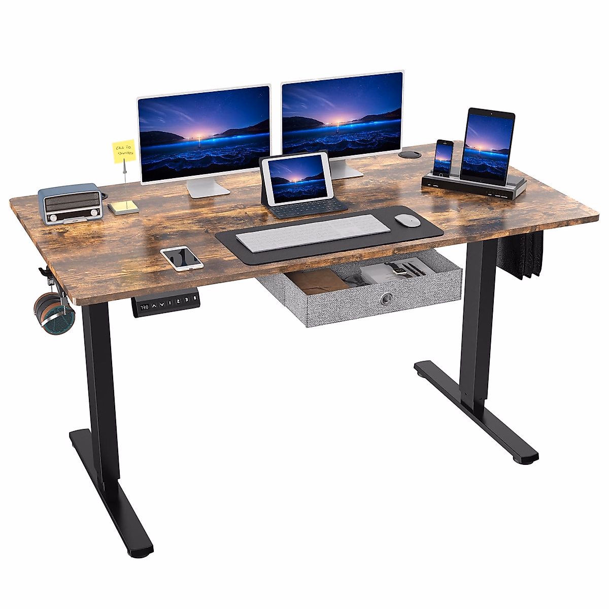 DUMOS 55 Inch Electric, Ergonomic Sit Stand Drawers, Home Office Height Adjustable Desk Computer Workstation, 23.62"D x 55.12"W x 28.74"H, Rustic Brown