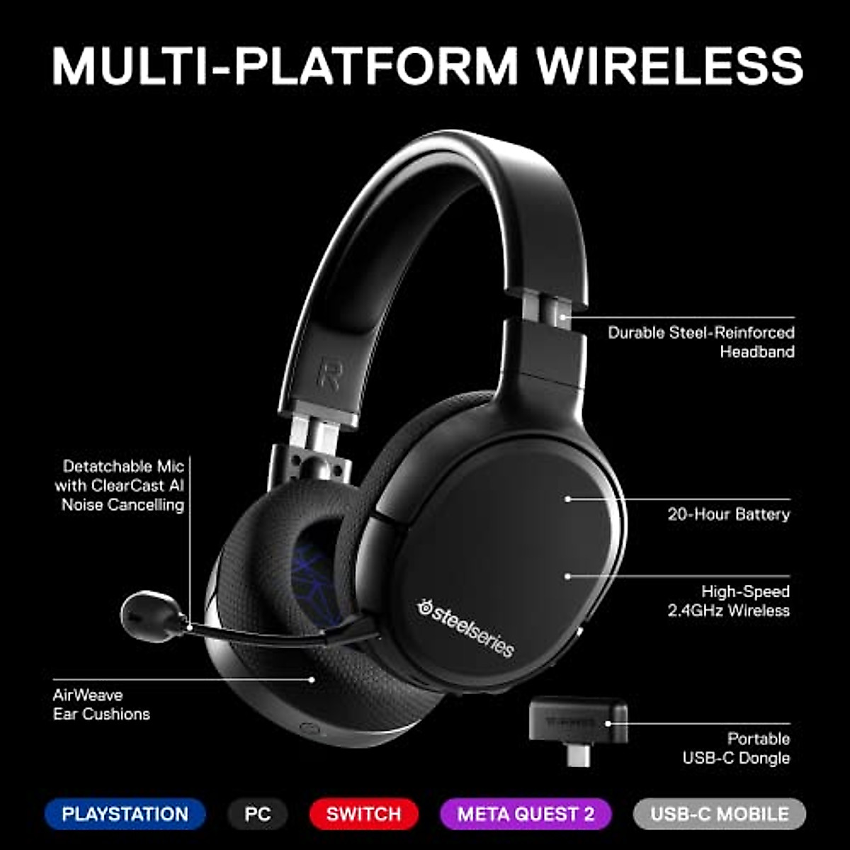 SteelSeries Arctis 1 Wireless Gaming Headset for Playstation – USB-C Wireless – Detachable ClearCast Microphone – for PS5, PS4, PC, Nintendo Switch, Android – Black