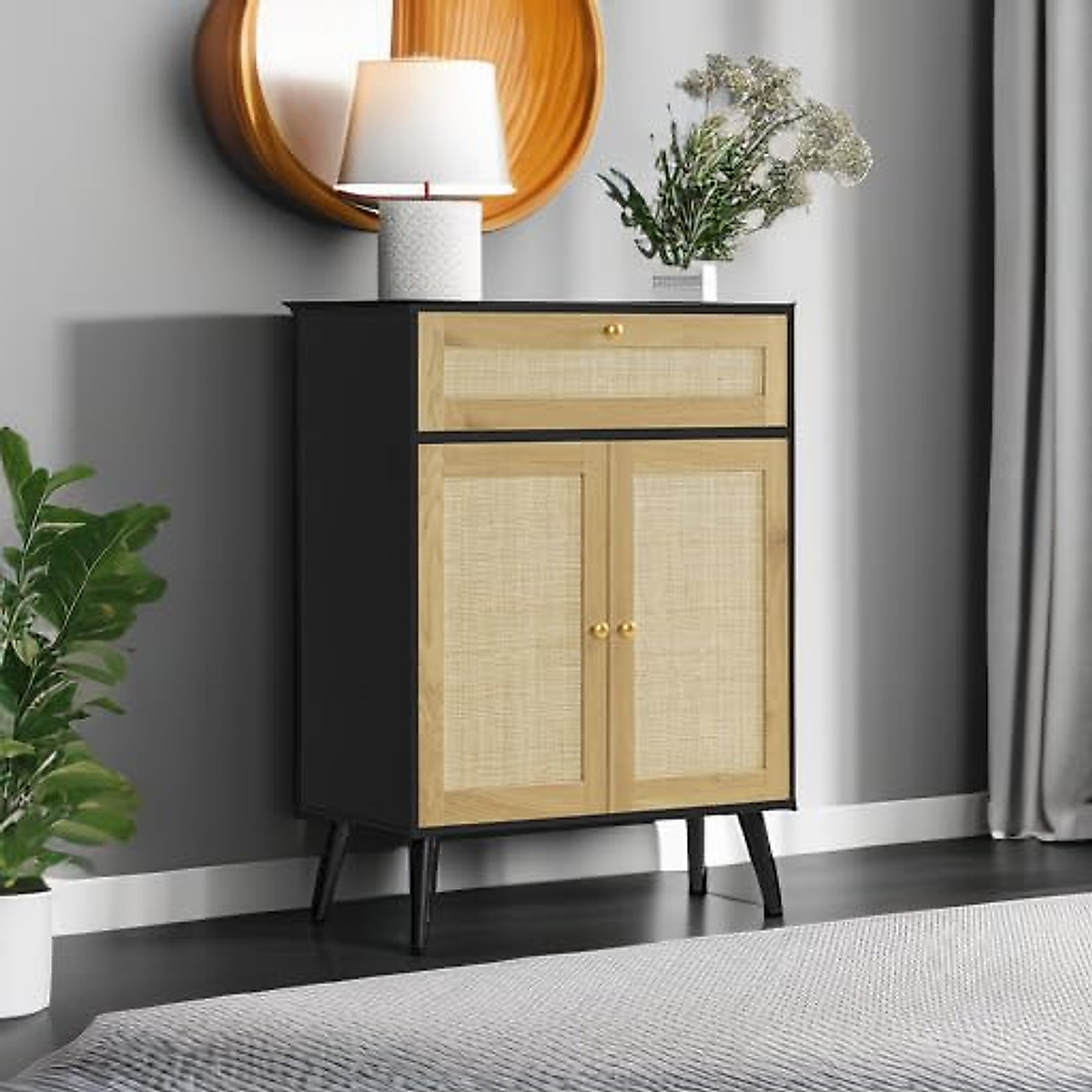 Iwell Storage Cabinet with Adjustable Shelf, Rattan Cabinet with Large Drawer, Accent Cabinet for Dining Room, Entryway, Living Room, Black