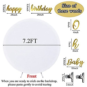 Bxsif White Backdrop Round Cover - 7.2x7.2FT White Round Backdrop with 2PCS Clips Oh Baby Happy Birthday Stickers Photography Background for Wedding Baby Birthday Party Decoration.