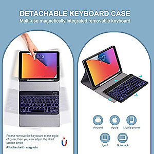 Keyboard Case for iPad 9th Generation 10.2 inch 2021, iPad 8th /7th Gen Case and Keyboard Detachable Wireless, 7 Color Backlight Tablet Keyboard with Slim Folio Case, Built-in Pencil Holder Black
