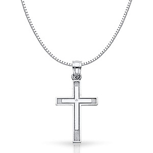 Ioka 14K White Gold Cross Religious Charm Pendant with 0.8mm Box Chain Necklace - 24"