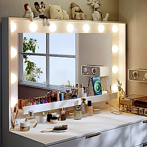 ALEXNUTRE Makeup Vanity Desk with Large Mirror and 13 LED Lights, 39.3in Vanity Table with Power Outlet & 5 Drawers, 3 Lighting Color Adjustable, Vanity Desk for Bedroom and Dressing Room, White