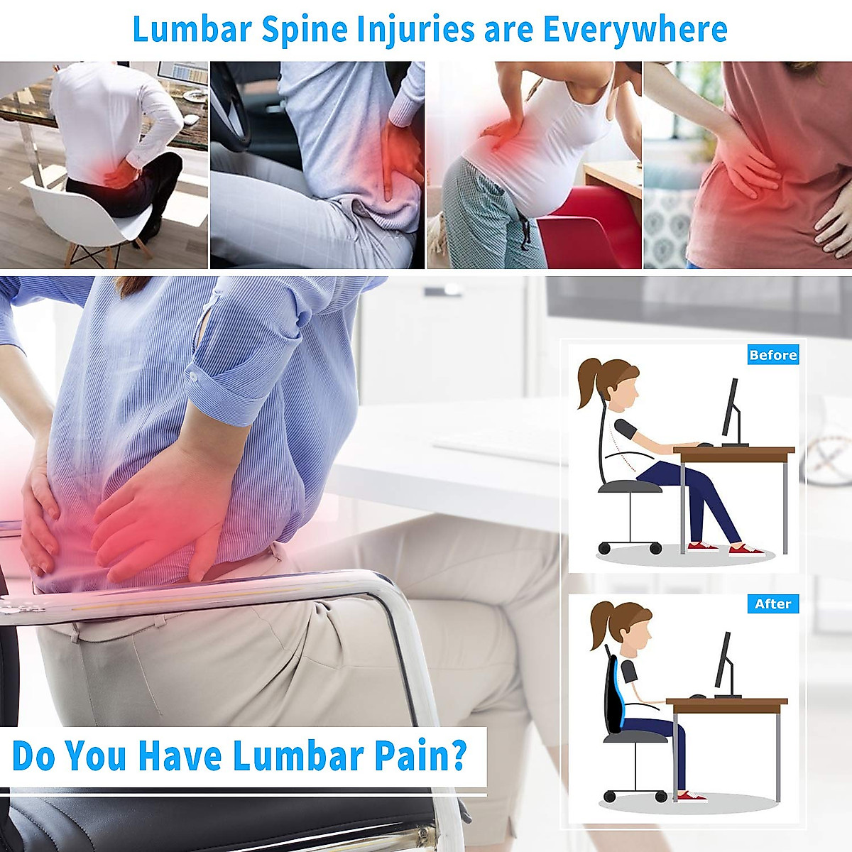 Lumbar Support Pillow,Memory Foam Back Support for Office Chair,Computer Chair,Car Seat,Recliner and Couch with Breathable 3D Mesh Cover,Ergonomic Design Orthopedic Backrest for Back Pain Relief