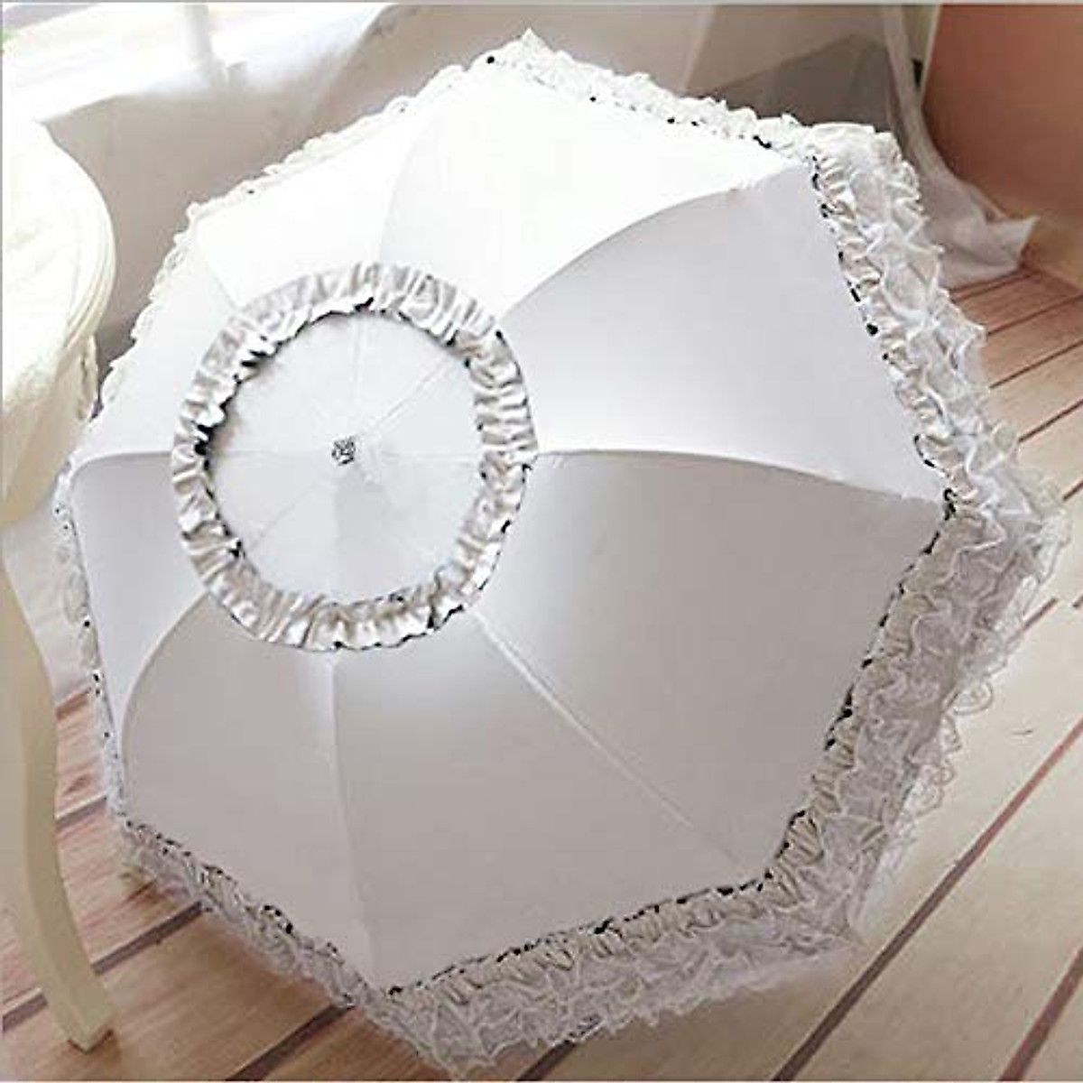 WANLIAN Princess Lace Ultraviolet-Proof Triple Folding Umbrella Dome used for ParasolDecorations Photoshoot Props.（Rice white）