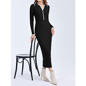 Langwyqu Womens Knit Long Sweater Dress Button V Neck Collared Long Sleeve Ribbed Bodycon Pullover 2024 Fall Maxi Dresses Black