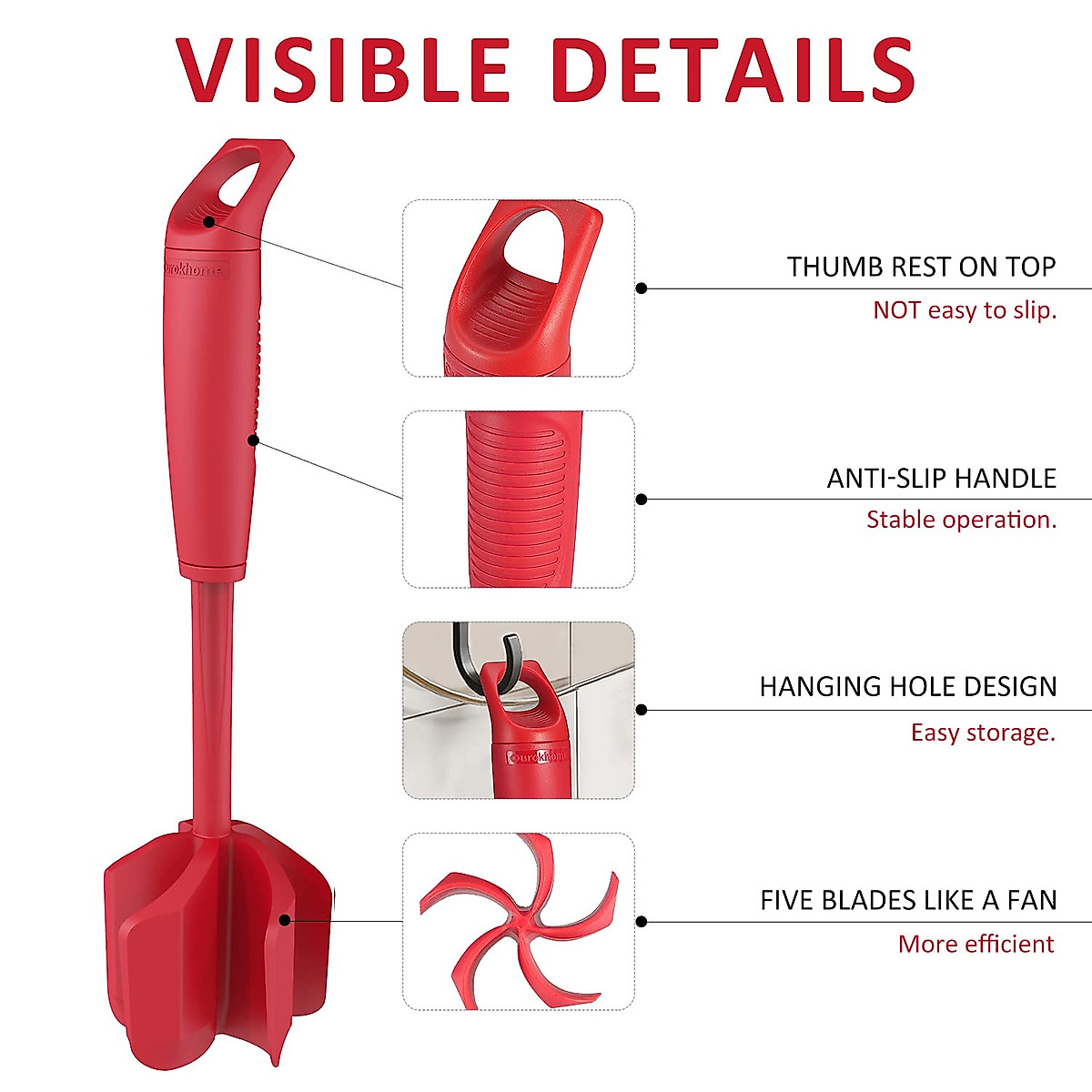 Ourokhome Upgrade Meat Chopper and Potato Masher, Heat Resistant Ground Meat Smasher for Hamburger, 5 Curved Blades Ground Beef Smasher, Nylon Non Stick Mixer, Stirrer and Kitchen Gadgets, Red